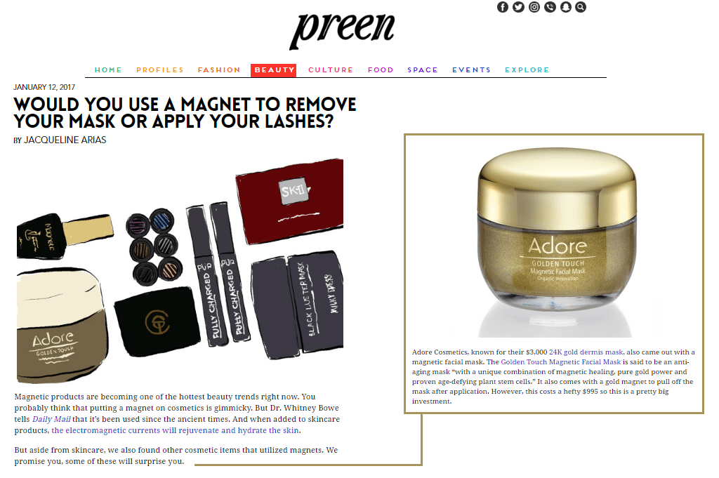 Preen Features Adore Cosmetics 24K Gold Magnetic Mask